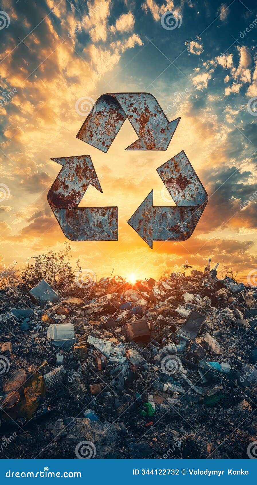 Recycling Symbol Over Landfill with Sunset, Environmental Awareness ...
