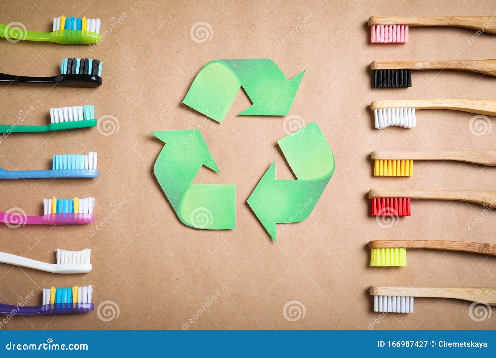 Recycling Symbol, Plastic and Bamboo Toothbrushes on Beige Background ...