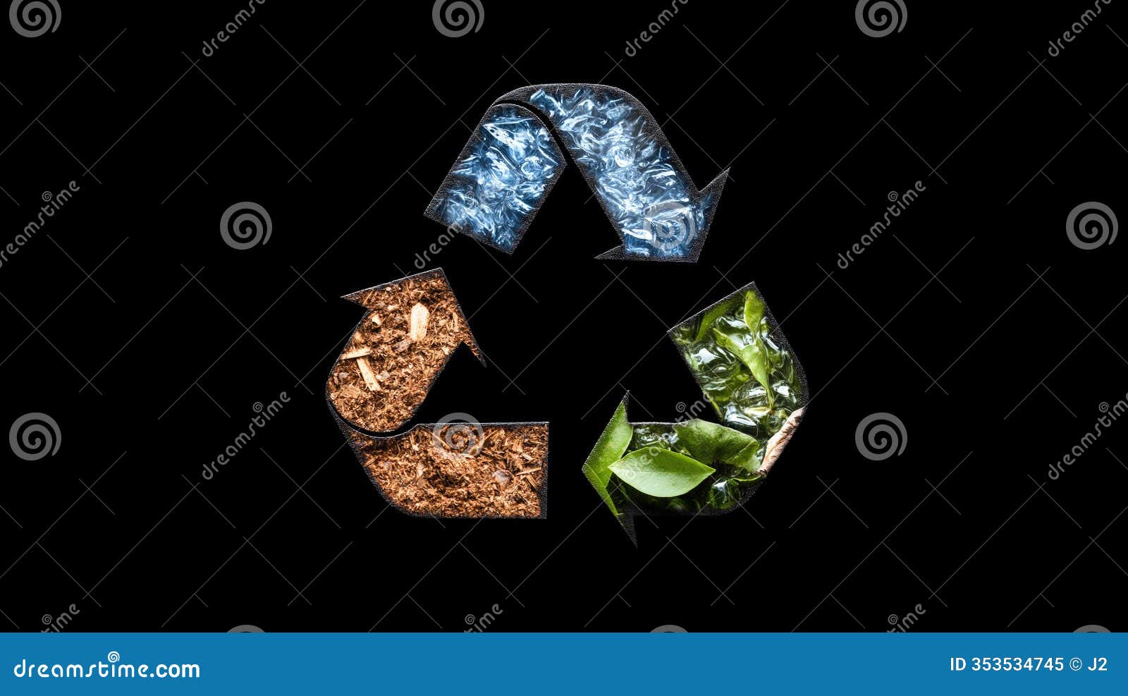 Recycling Symbol with Plastic, Compost, and Leaves on Black Background ...