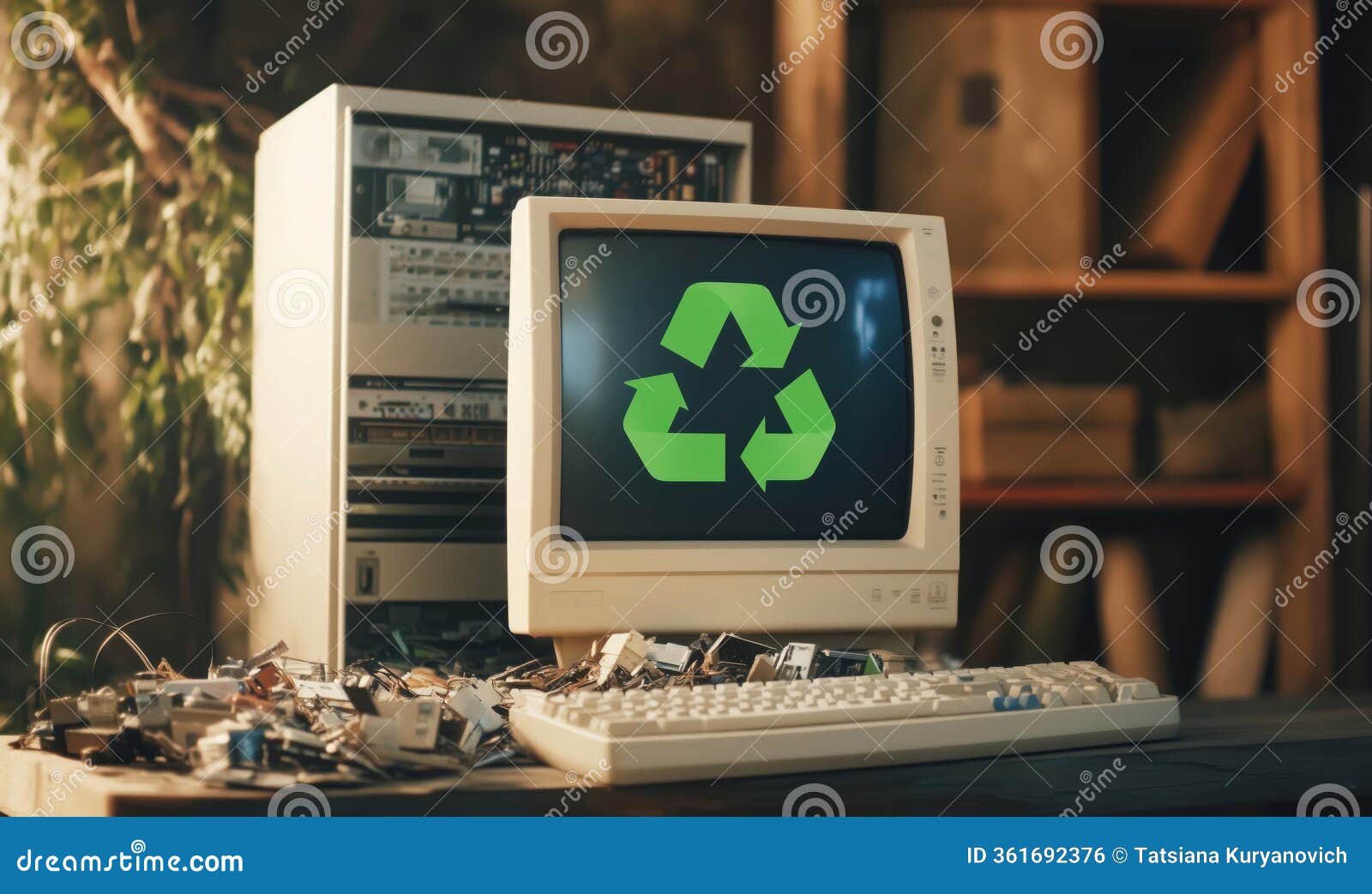 Recycling Symbol on Vintage Computer Display with Electronic Waste ...