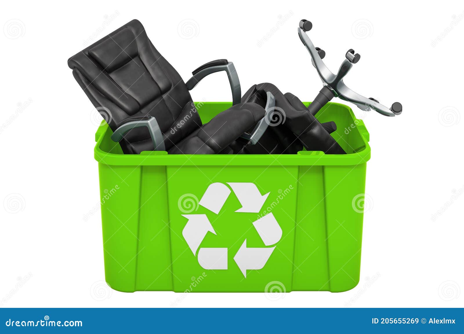 Recycling Trashcan with Office Chairs, 3D Rendering Stock Illustration ...