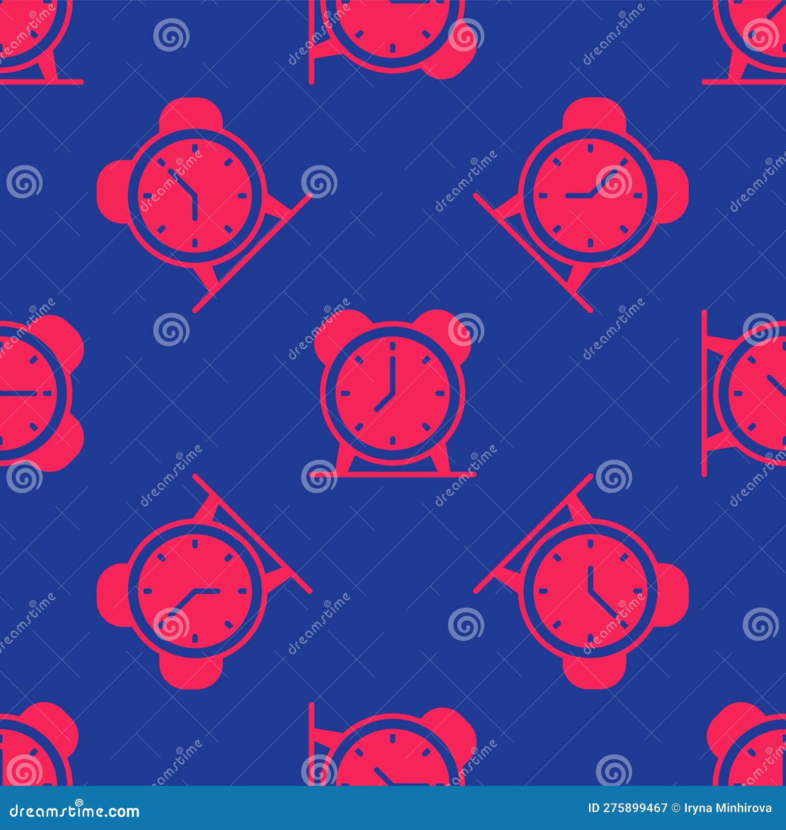 Red Alarm Clock Icon Isolated Seamless Pattern on Blue Background. Wake ...