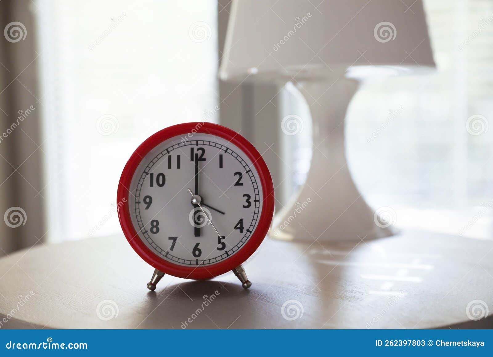 Red Alarm Clock on Table Indoors. Space for Text Stock Image - Image of ...
