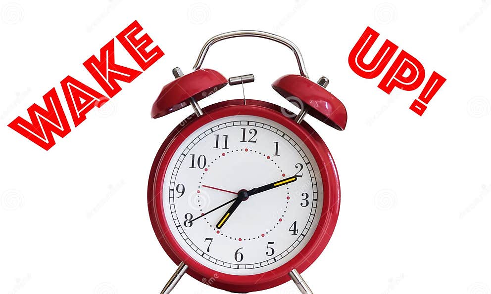 Red Alarm Clock with "wake Up" Text on Sides Stock Image - Image of ...
