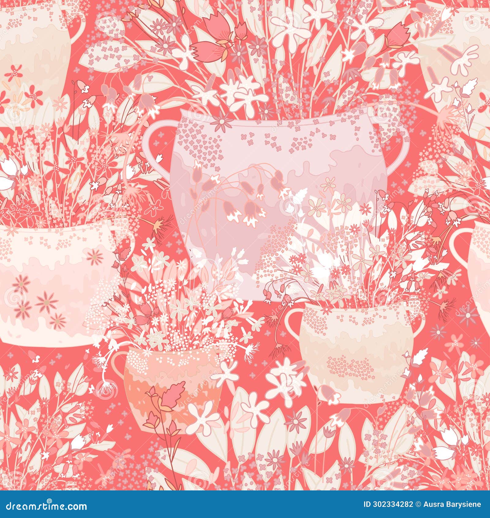 Red Allover Seamless Pattern with Potted Flowers. Scattered Overlapping ...