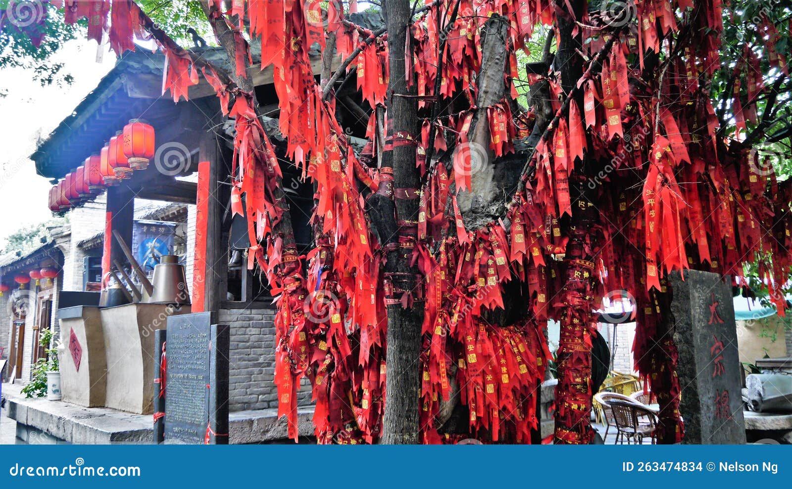 Red Amulet Wishing Prayer of Blessing Hanging on Wall and Trees ...