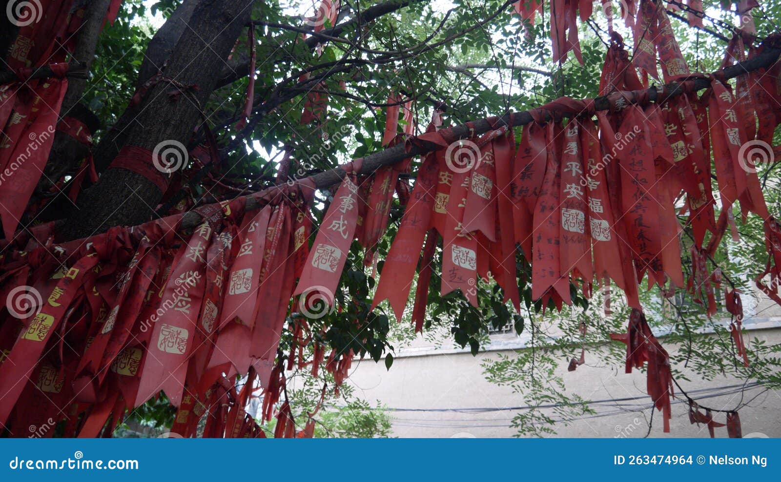 Red Amulet Wishing Prayer of Blessing Hanging on Wall and Trees ...