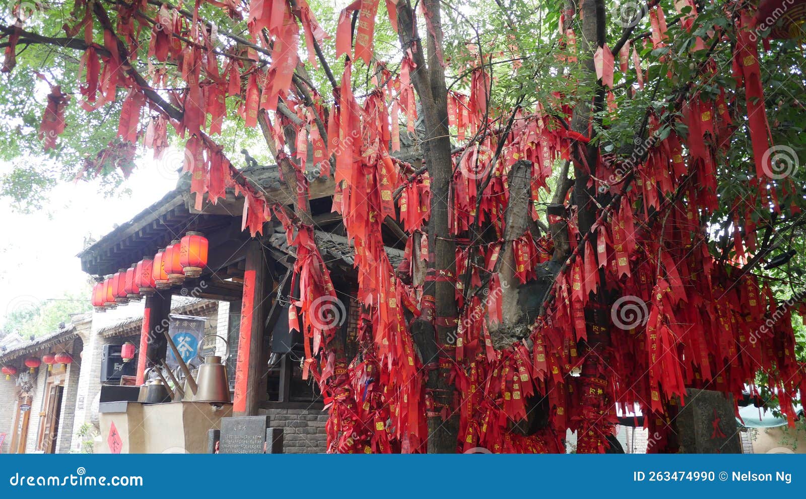 Red Amulet Wishing Prayer of Blessing Hanging on Wall and Trees ...