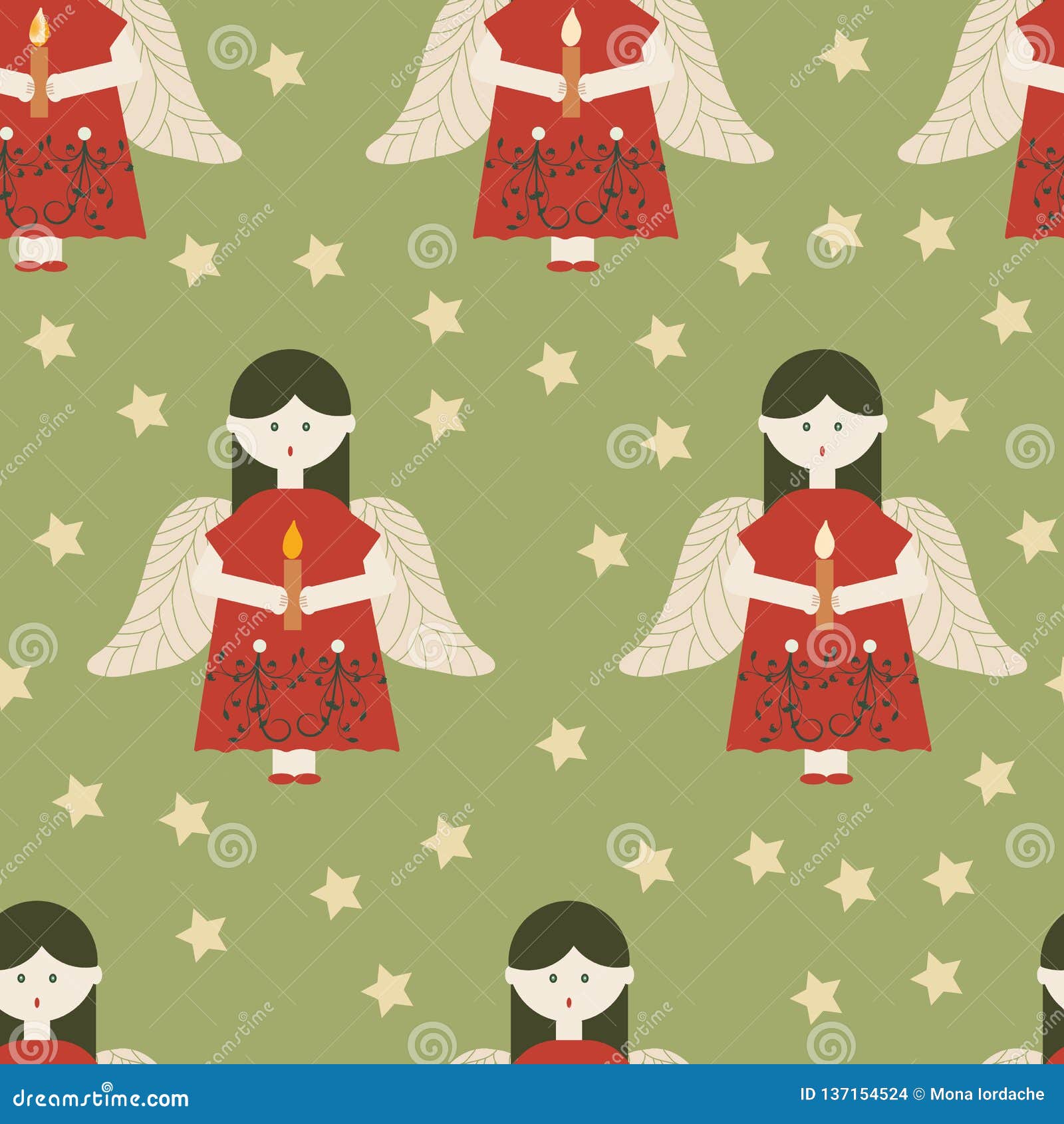 Red Angels on Green Background Seamless Pattern Stock Illustration ...
