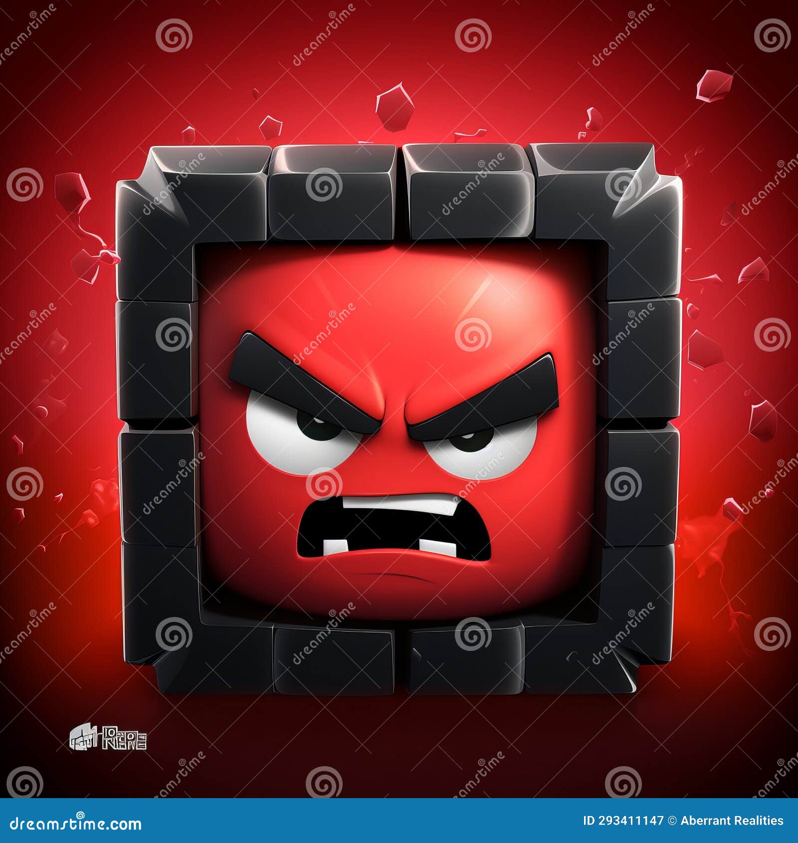 A Red Angry Face in a Cube with Broken Bricks Stock Illustration ...