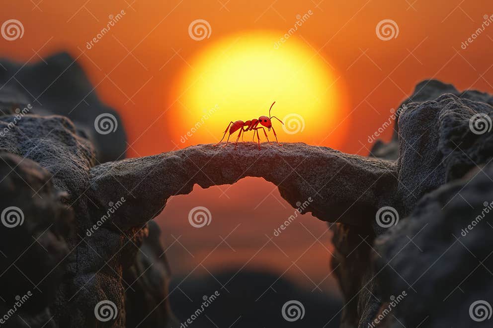 Red Ant Crossing Stone Bridge at Sunset Stock Photo - Image of ...