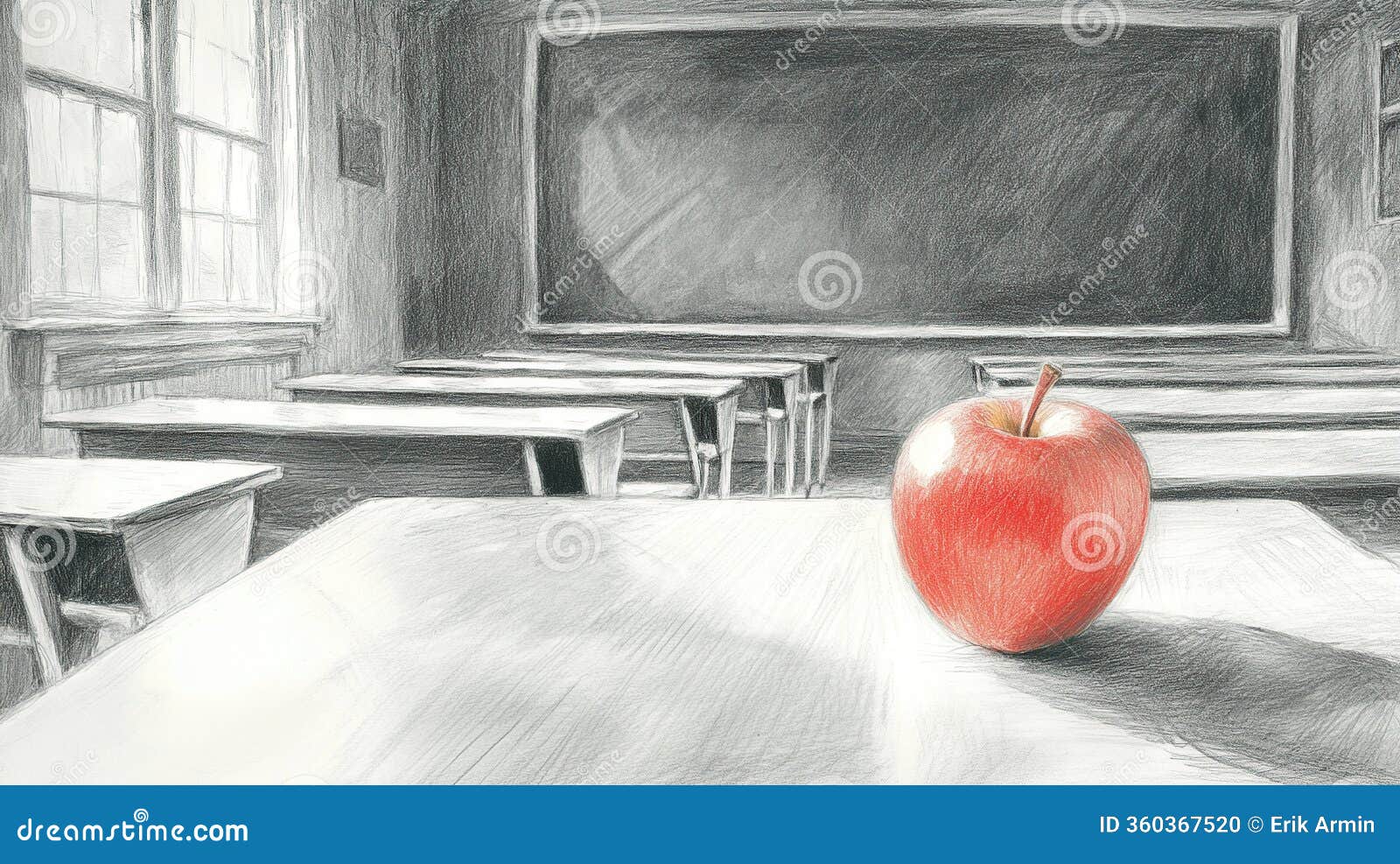 Red Apple on Desk in Empty Classroom Stock Photo - Image of light, life ...