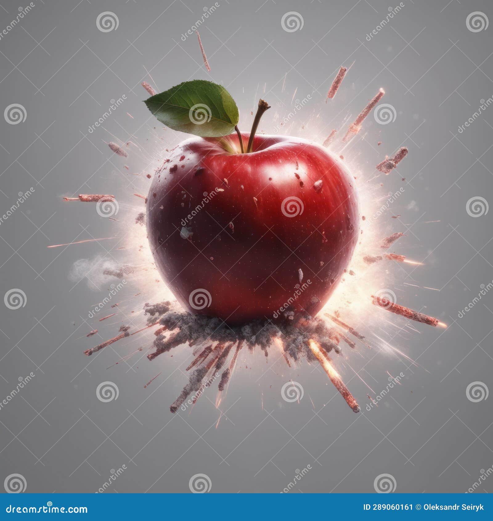 Red Apple Explosion with Sparks on Grey Background. 3D Illustration ...