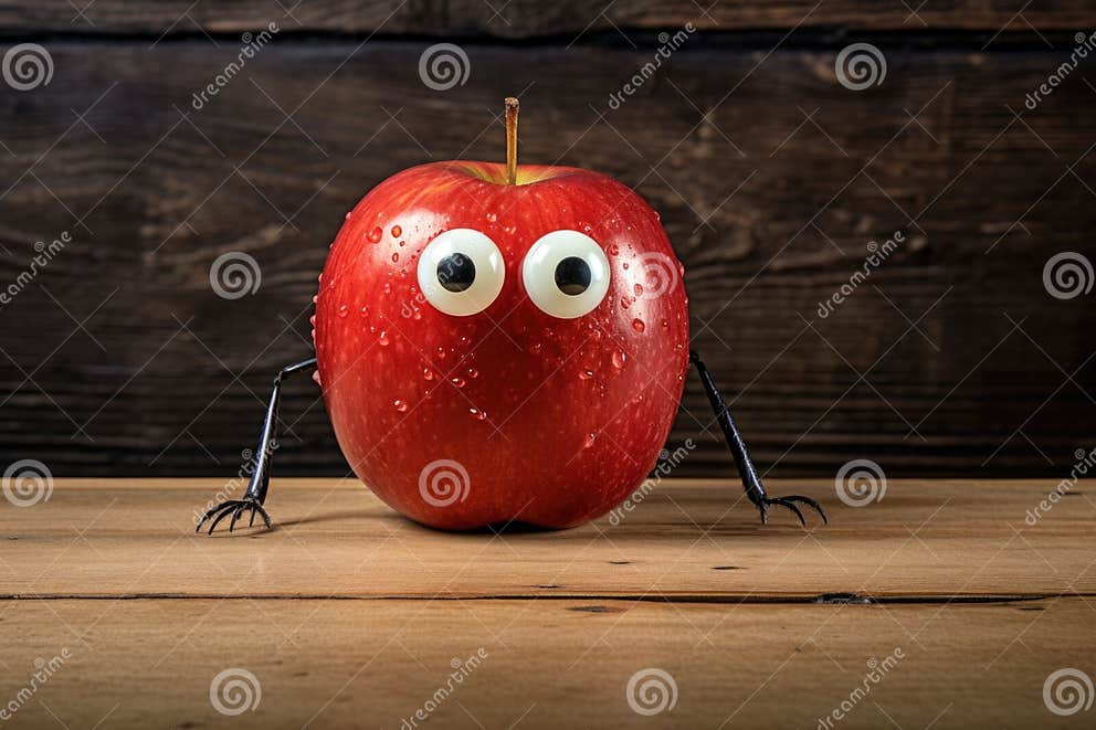 A Red Apple with Googly Eyes on a Rustic Wooden Table Stock Photo ...