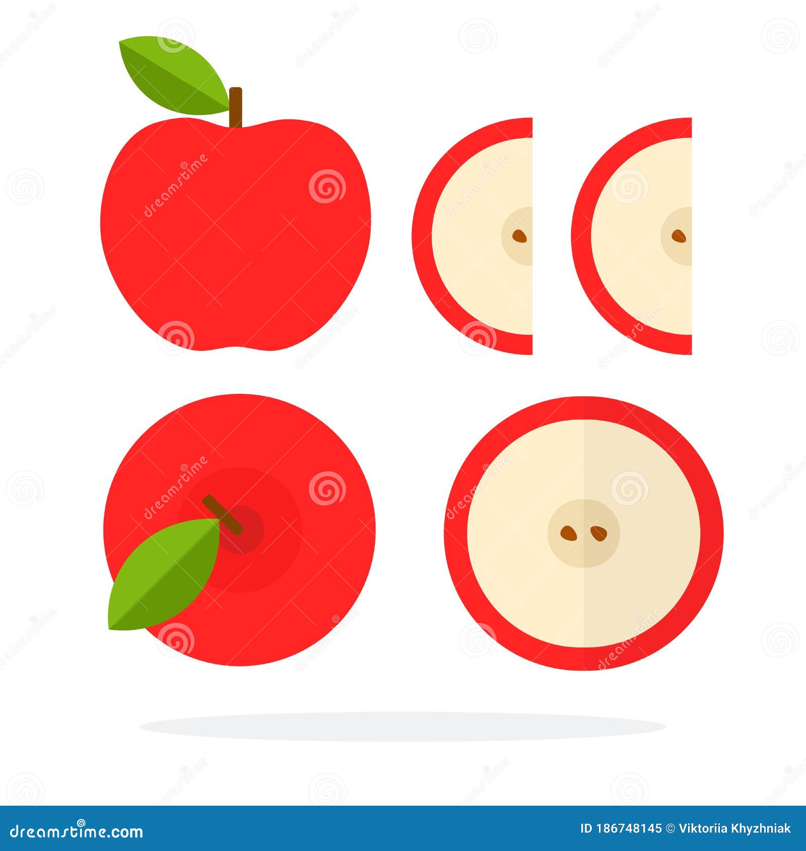 Red Apples with a Leaf. Round Apple Slice with Two Wedges of a Red ...