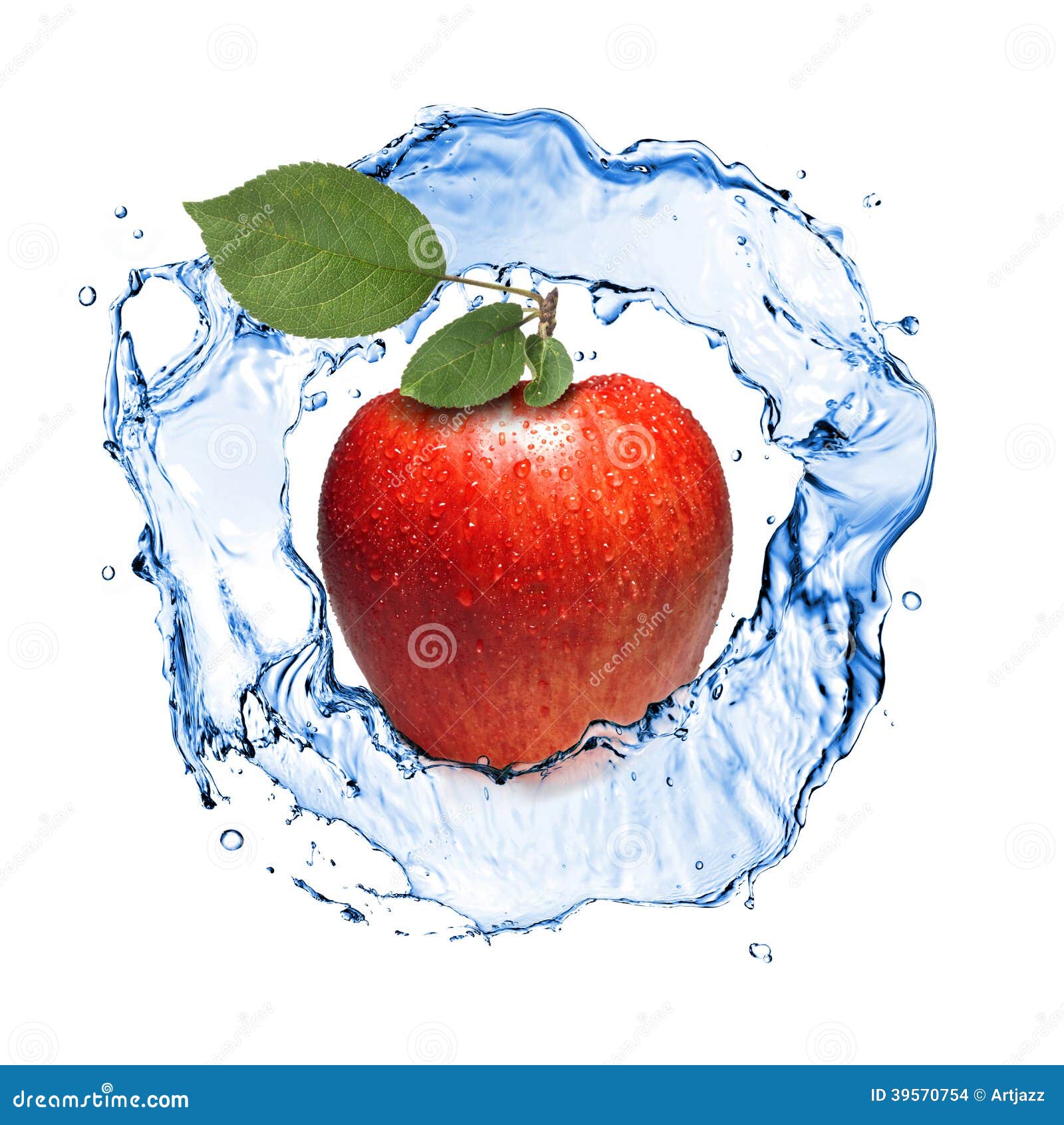 Red Apple with Leaves and Water Splash Isolated Stock Photo - Image of ...