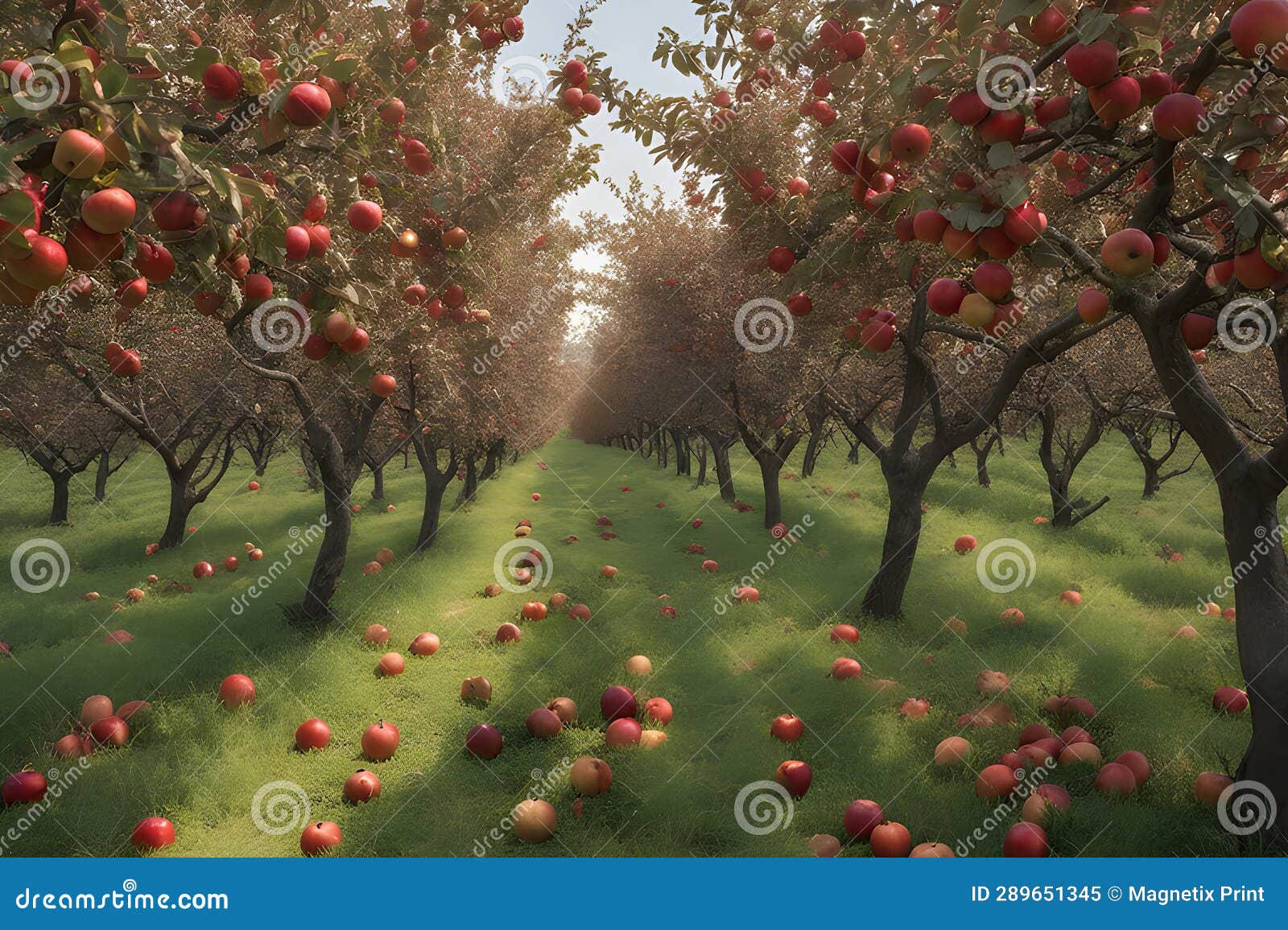 Red Apple Orchard Landscape with Rows of Trees Stock Illustration ...