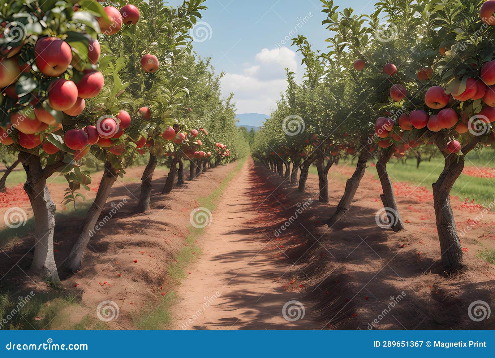 Red Apple Orchard Landscape with Rows of Trees Stock Illustration ...