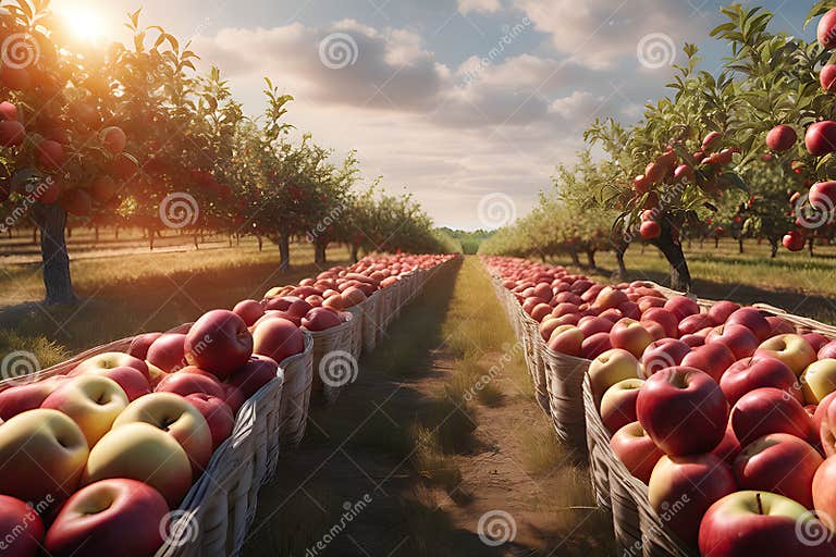 Red Apple Orchard Landscape with Rows of Trees Stock Illustration ...