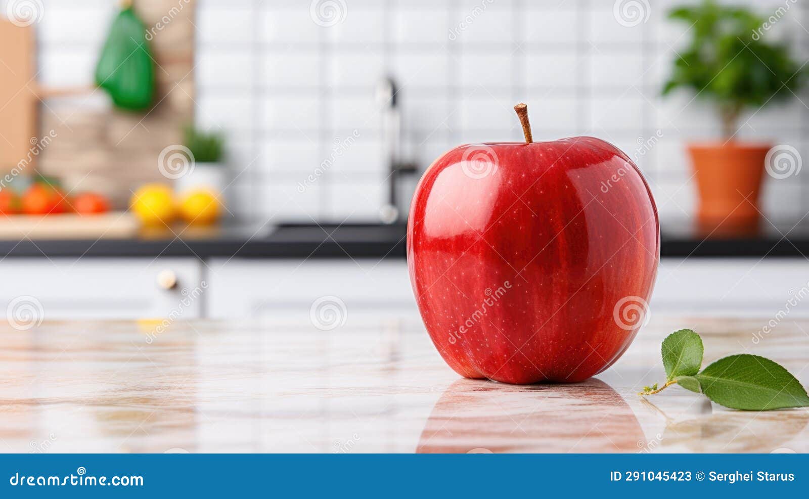 A Red Apple Sitting on a Counter, AI Stock Image - Image of table ...