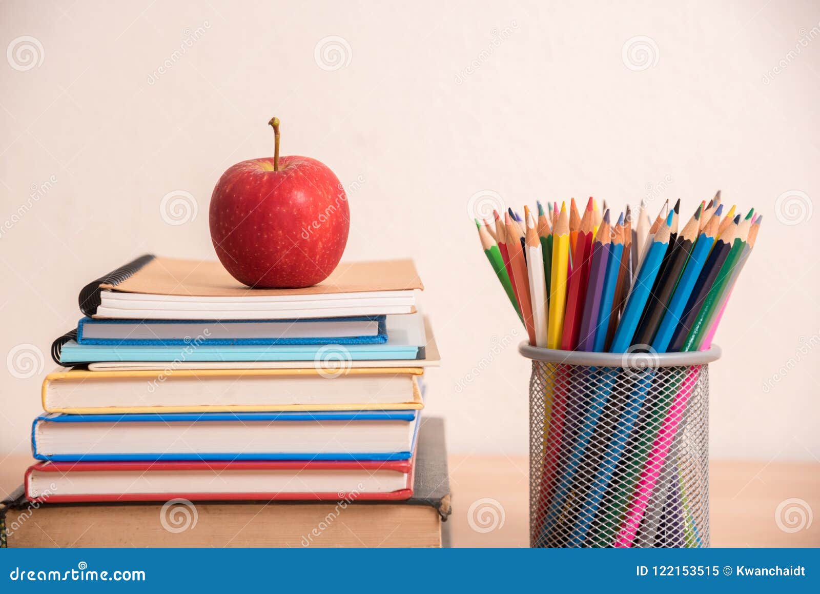 Red Apple on Stack of Book with Pencil Box Stock Image - Image of ...