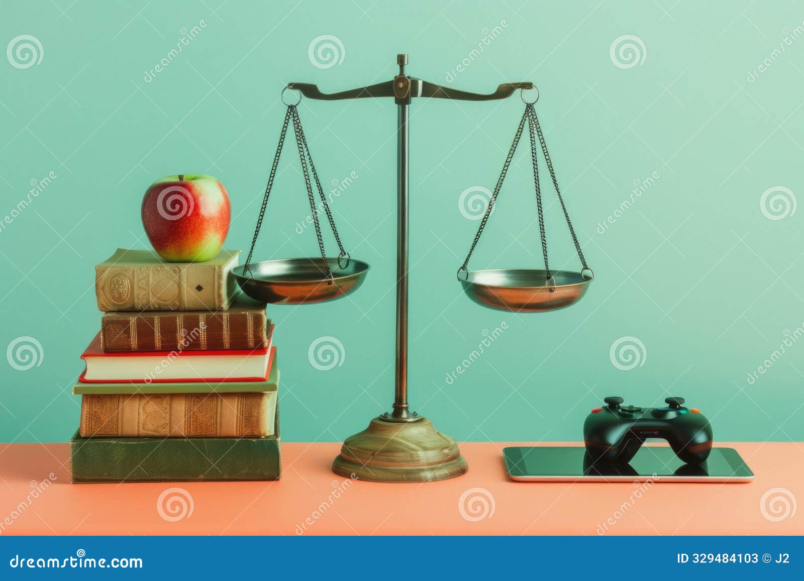 Red Apple on Stack of Books with Balance Scale and Game Controller on ...
