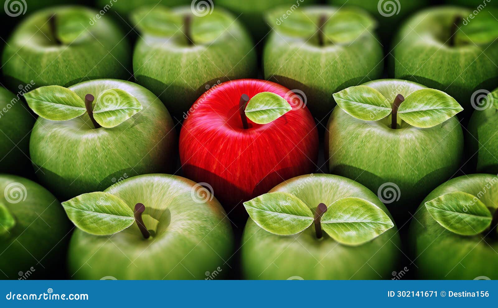 Red Apple Standing Out from Green Apples. 3D Illustration Stock ...