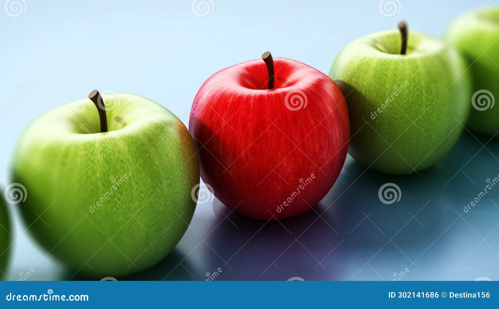 Red Apple Standing Out from Green Apples. 3D Illustration Stock ...