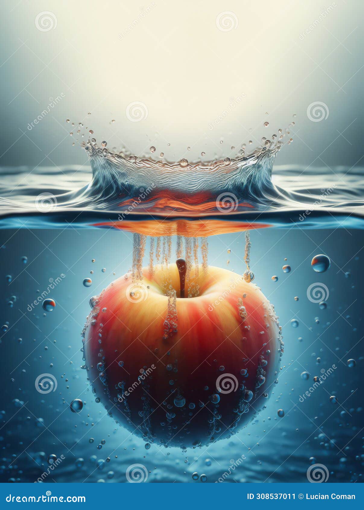 Red Apple Submerged In Water, Big Splash Of Water With Drops And Bubles ...