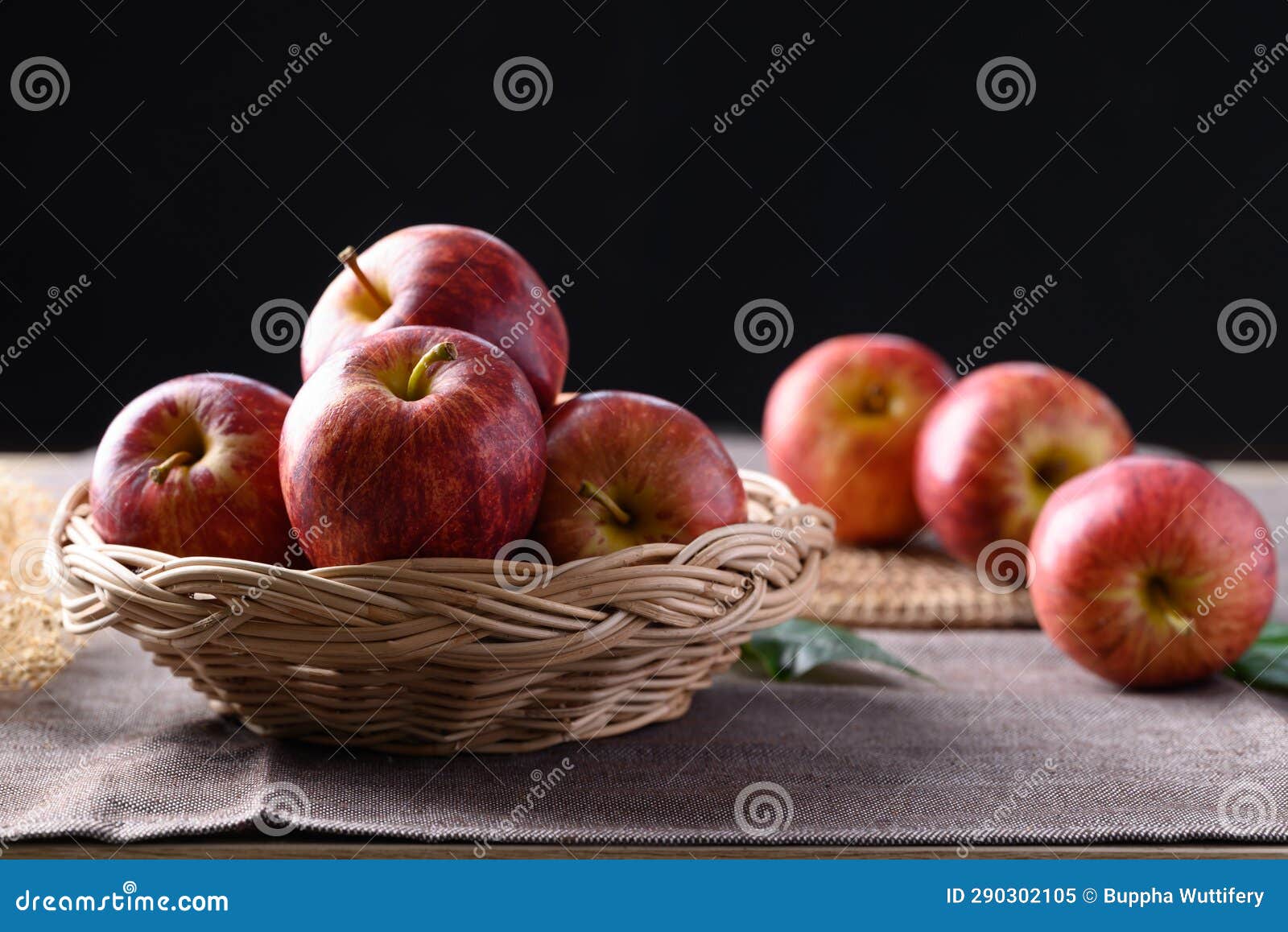 Red Apples Fruit in Basket on Table with Black Background Stock Image ...