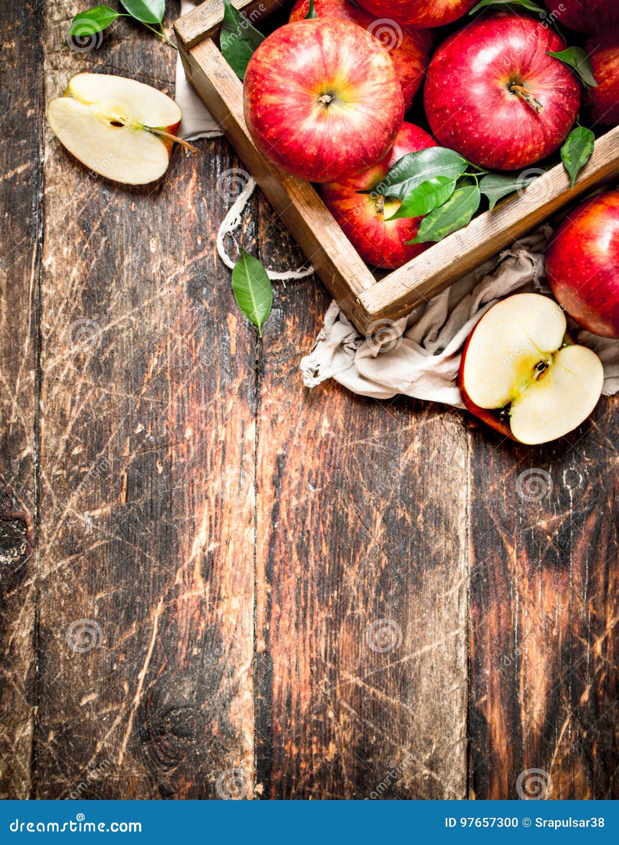 Red apples in an old box. stock photo. Image of apple - 97657300