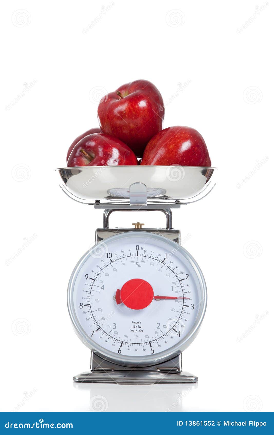 Red Apples on a Scale on White Stock Photo - Image of overweight ...