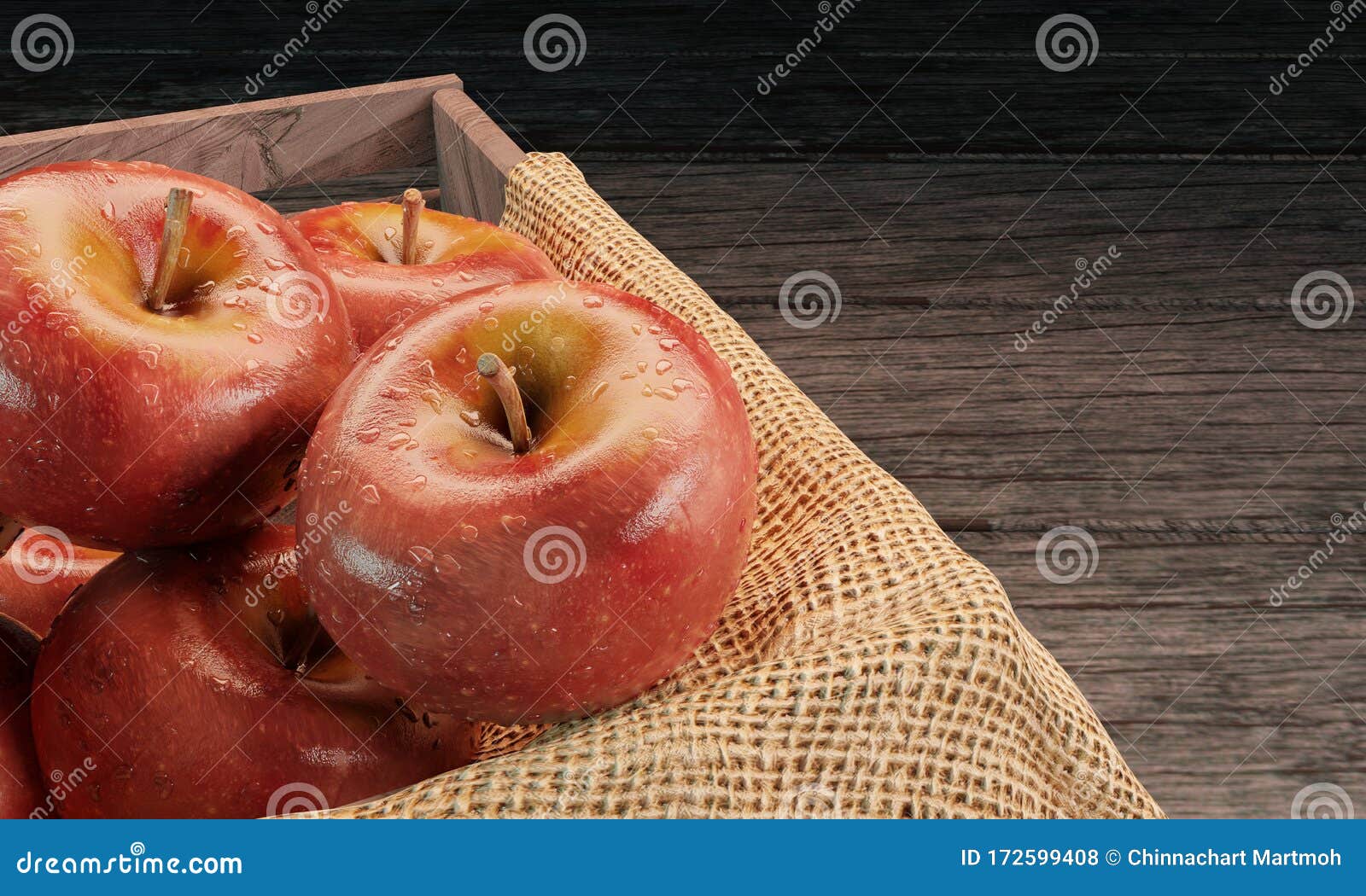 Red Apples in Wooden Box with Hessian Fabric on Wooden Surface. 3D ...