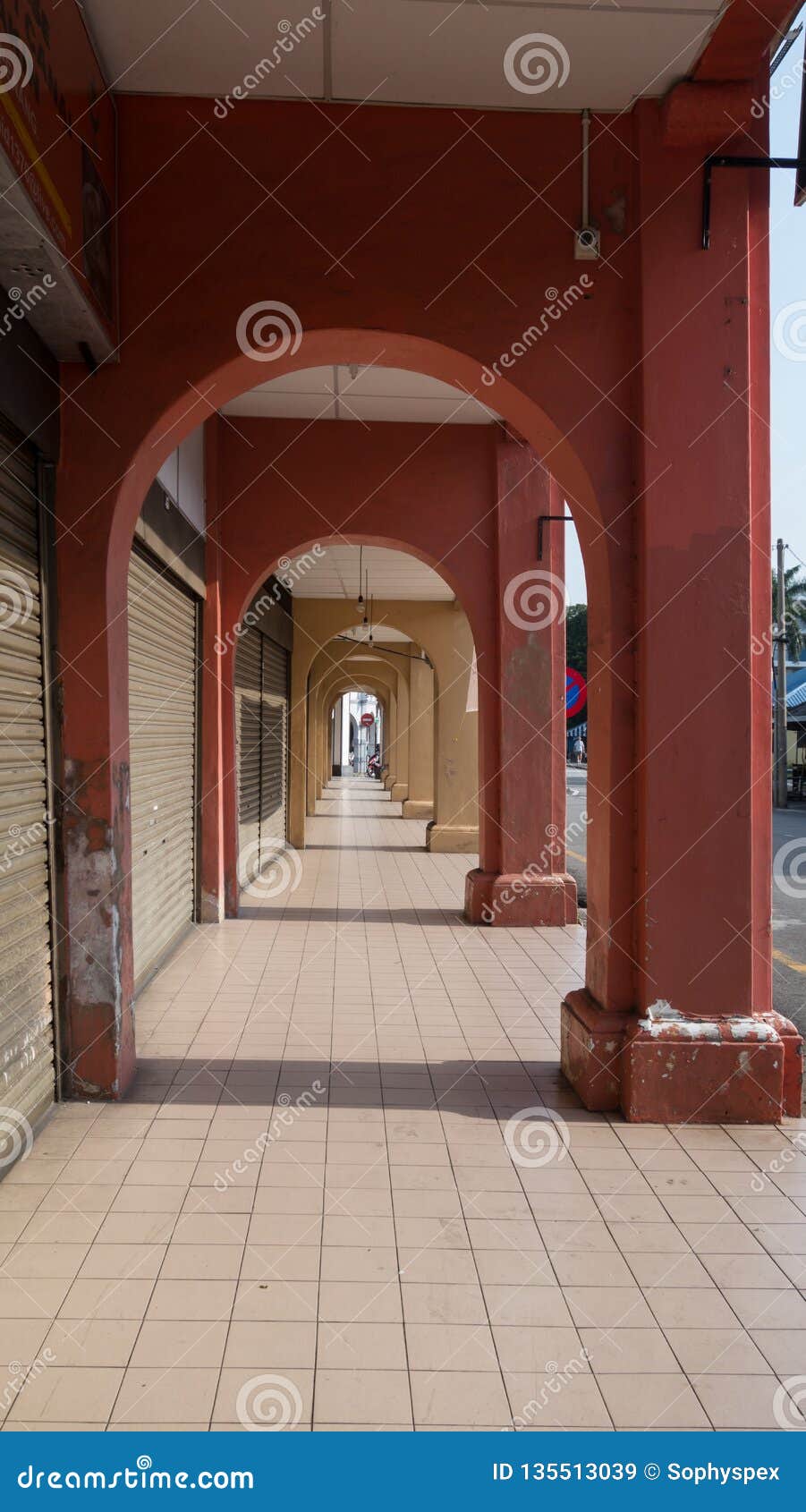 Red Arches Over Sidewalk, Georgetown, Malaysia Stock Image - Image of ...