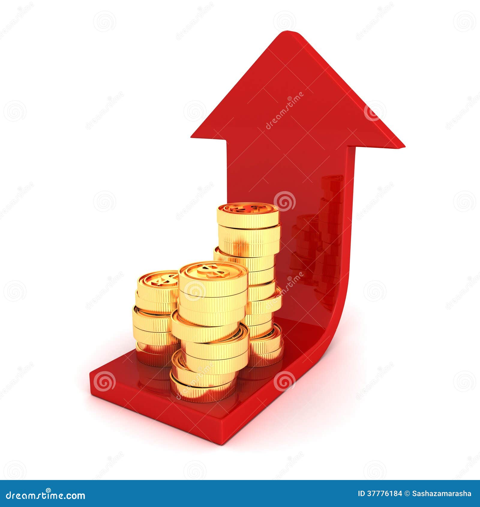 Red Arrow and Coins Stacks Grow Up on White Background Stock ...