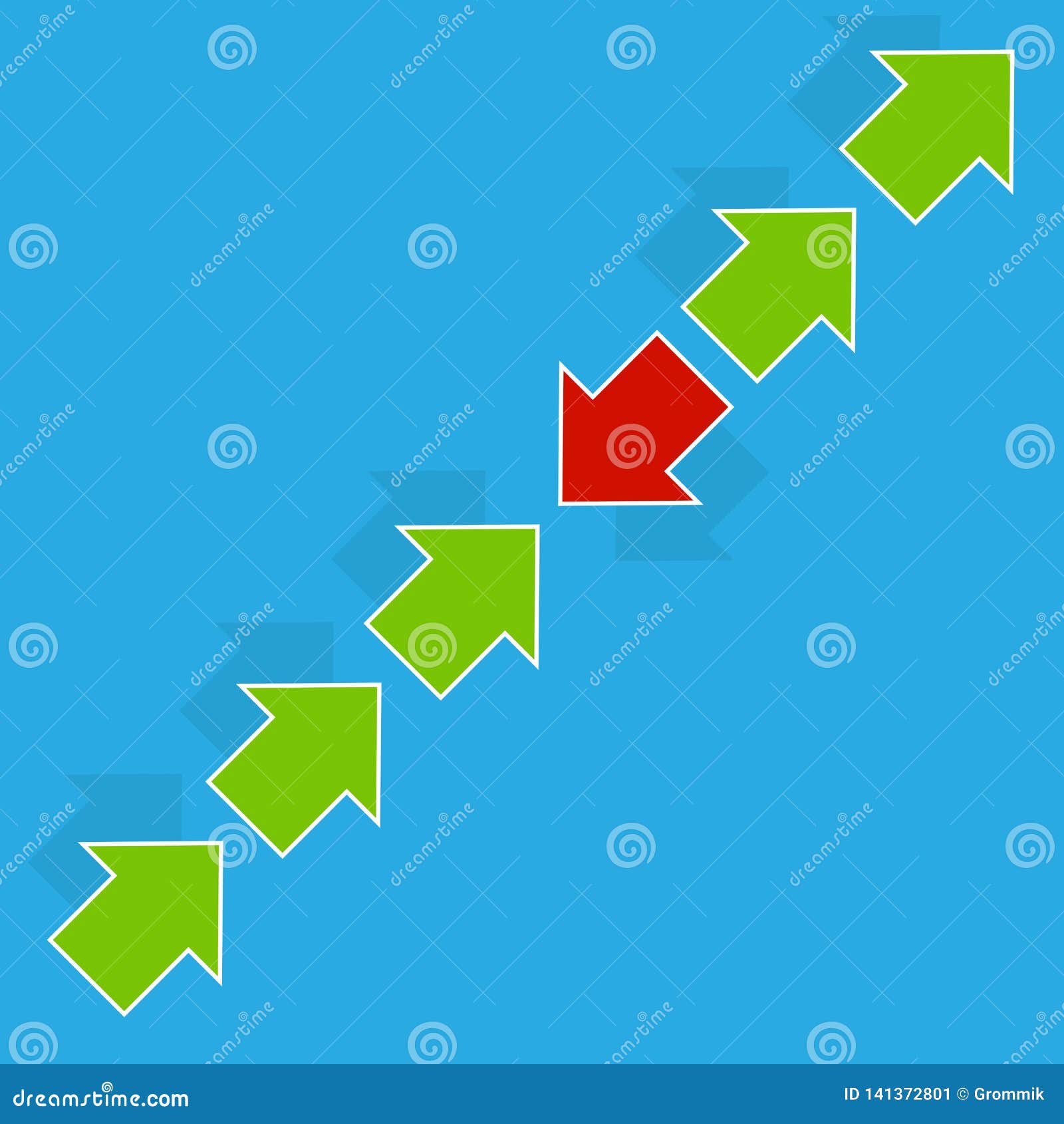 Red Arrow in the Opposite Direction in a Row of Green Arrows Stock ...