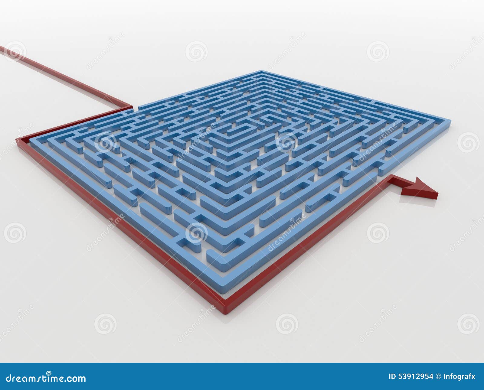 Red Arrow Path Around Blue Maze Labyrinth 3D Render, Solution Co Stock ...
