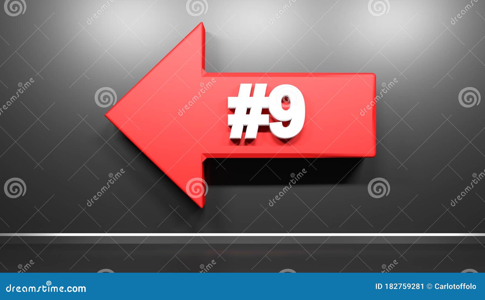 Red Arrow To the Left, with Number 9, on Black Glossy Wall - 3D ...