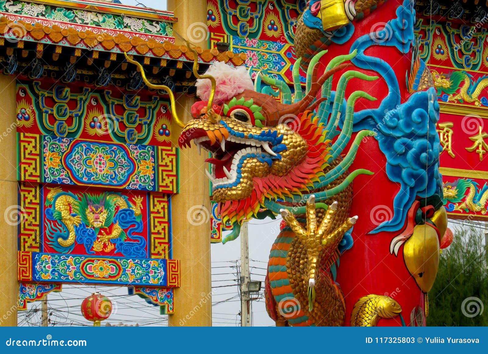 Red Asian Dragon in the Chinese Temple Stock Image - Image of ...