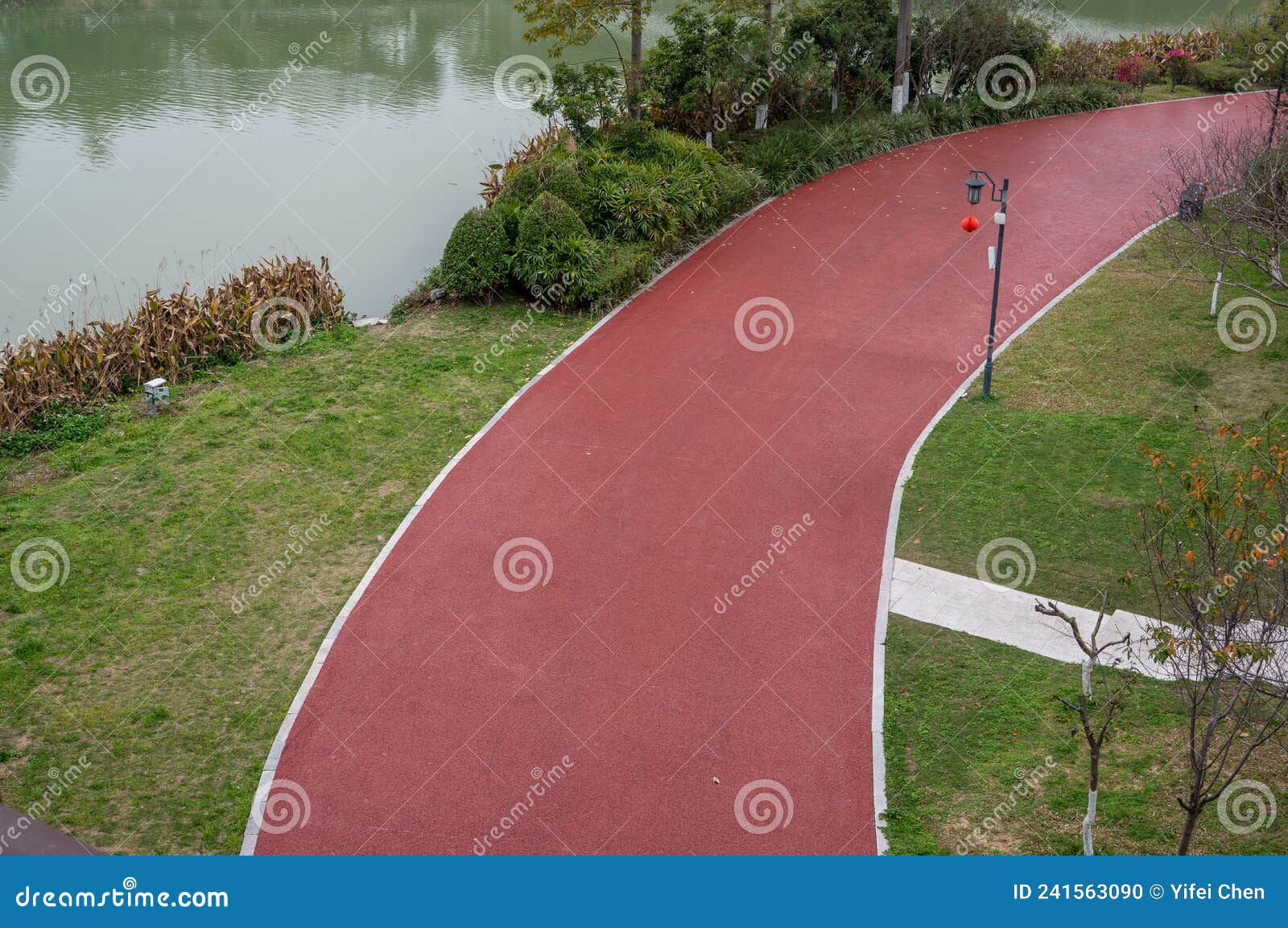 The Red Asphalt Runway in the Park is Flanked by Trees Stock Photo ...