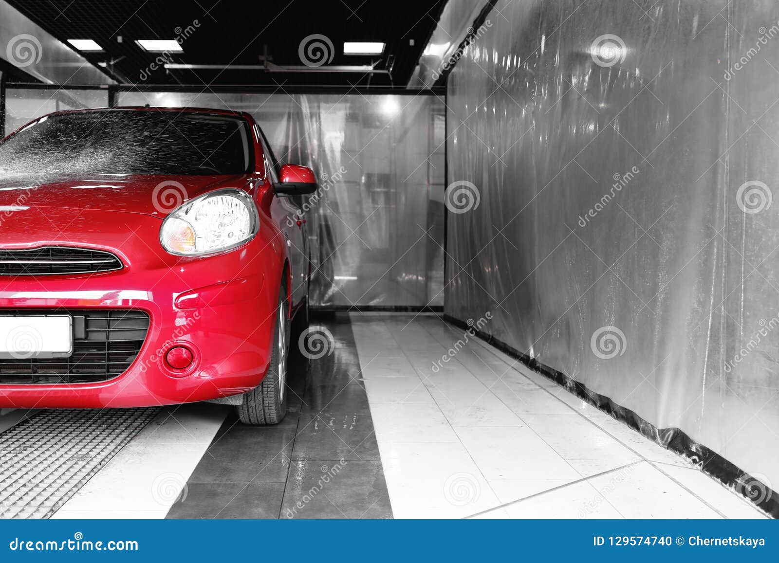 Red auto at car wash. stock photo. Image of clean, gloss - 129574740