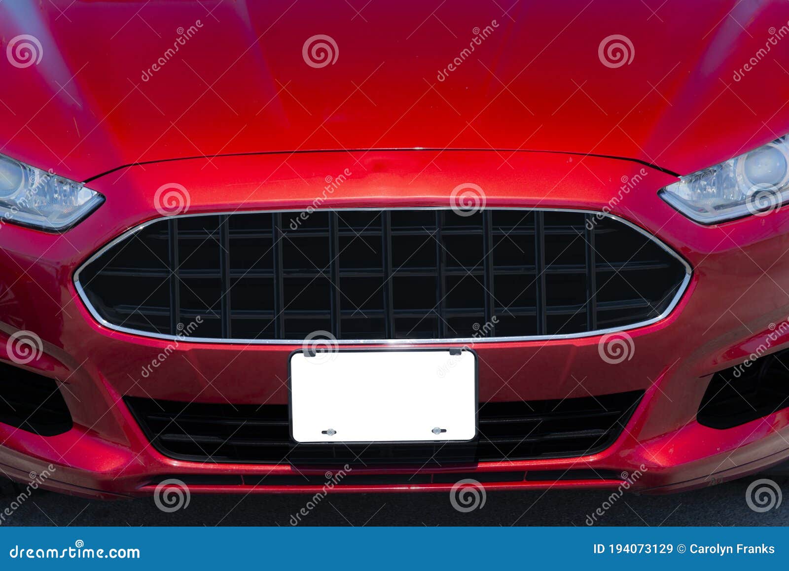Red Automobile with Blank White Front License Plate Copy Space Stock ...