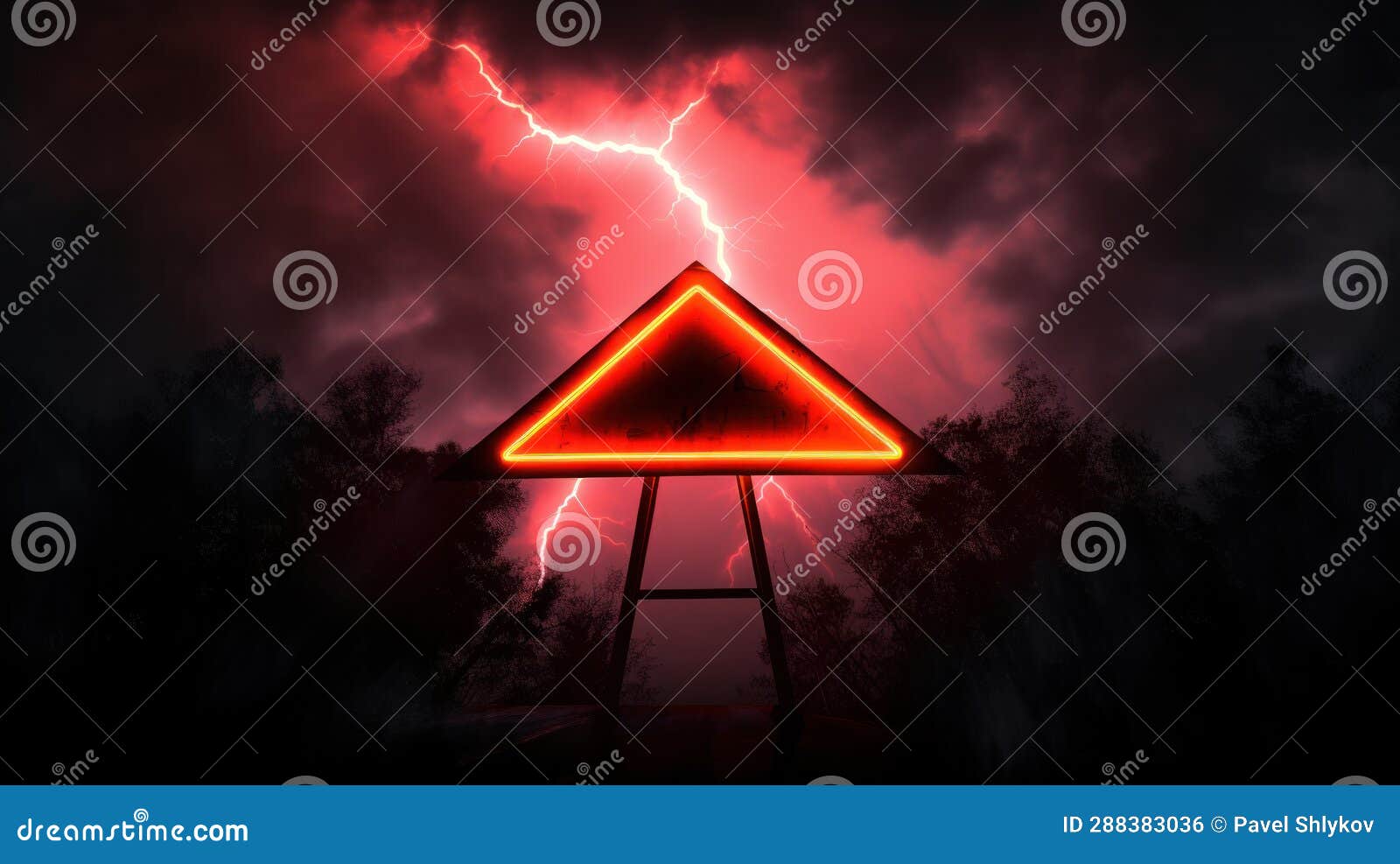 Lightning Strikes a Car Warning Sign. Red Automotive Safety Triangle in ...
