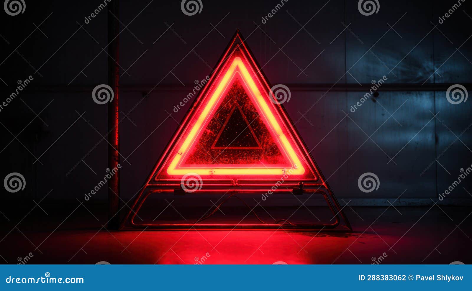 Red Automotive Safety Triangle in Perspective Glowing on a Dark ...