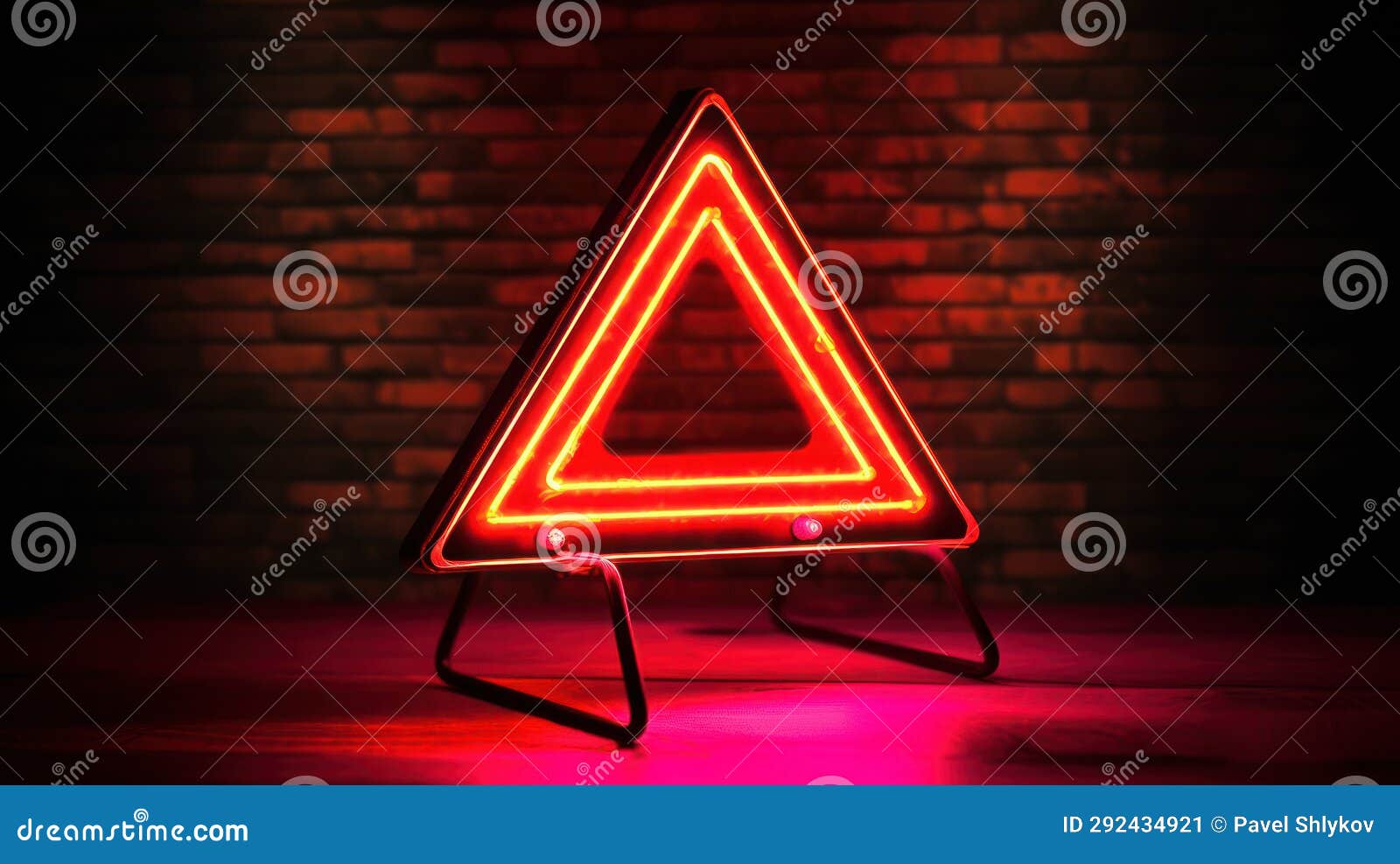 Red Automotive Safety Triangle in Perspective Glowing on a Dark ...