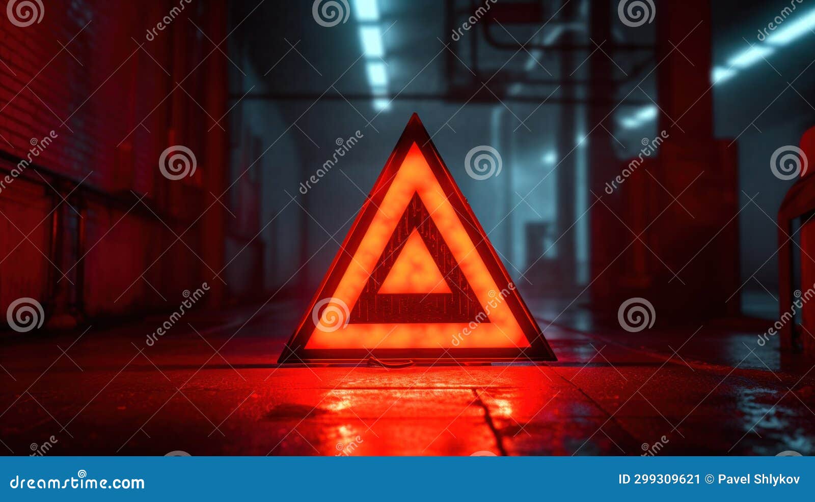 Red Automotive Safety Triangle in Perspective Glowing on a Dark ...