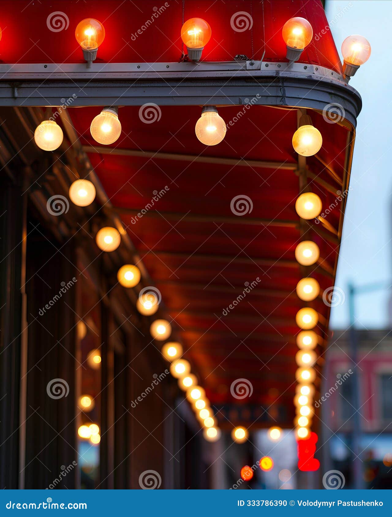 A Red Awning with a Bunch of Lights Hanging from it Stock Photo - Image ...