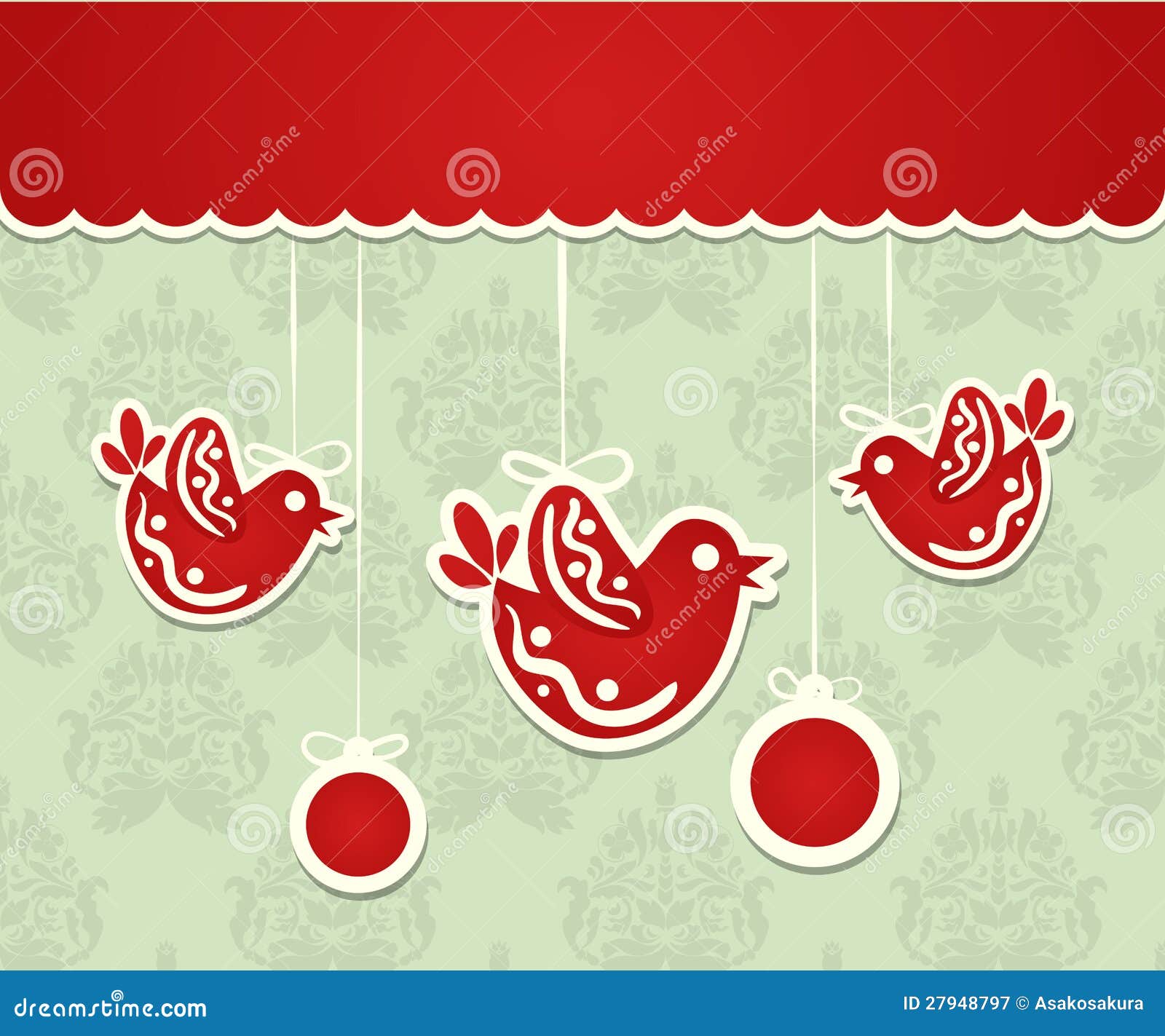 Red Background with Birds and Christmas Decoration Stock Vector ...