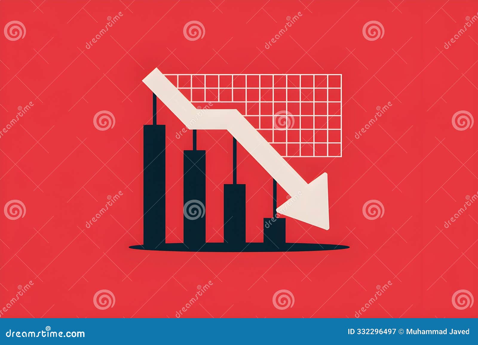 Red Background, Downward Arrow with Grid Pattern, Vertical Bars Suggest Decline Stock ...