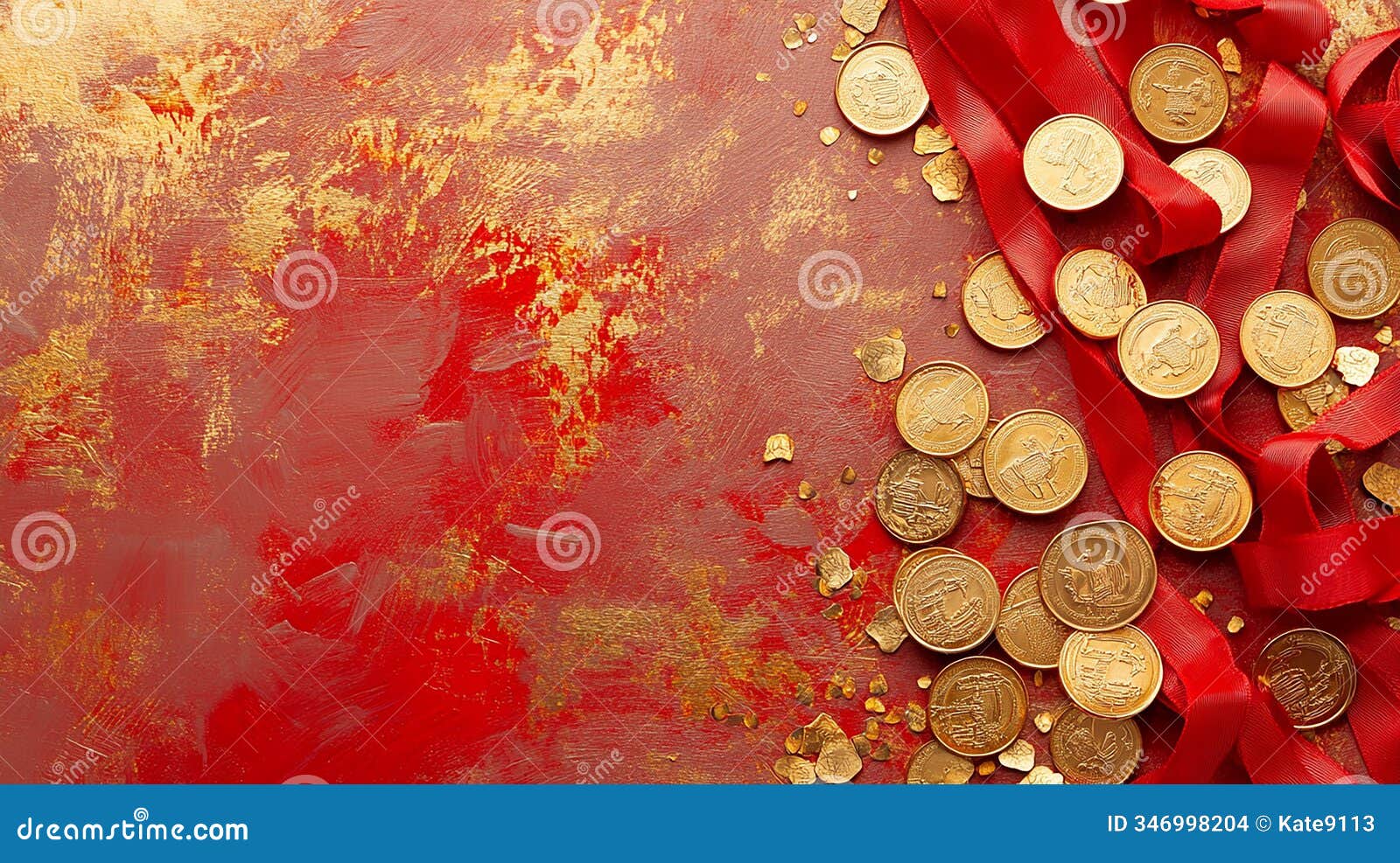 A Red Background with Gold Coins and a Red Ribbon. the Coins are ...